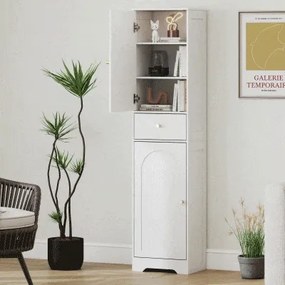 HOMCOM vysoká koupelnová skříň s 2 obloukovými dveřmi, zásuvkou a nastavitelnými policemi, moderní, 40x29,5x170 cm, bíle mořená