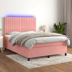 Box spring postel s matrací a LED růžová 140x200 cm samet