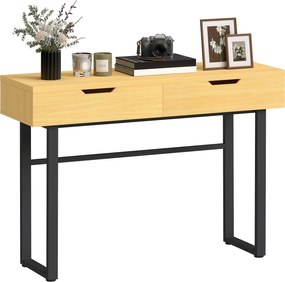 HOMCOM Úzký konzolový stolek se 2 zásuvkami, průmyslový kovový rám, přírodní – 110 × 35 × 76,5 cm | Aosom