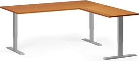 Rohový výškově nastavitelný stůl, 180x180 cm, 3 motory, L/P, šedá podnož, třešeň