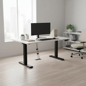 Výškově nastavitelný stůl OfficeTech C, 140 x 80 cm, černá podnož, bílý jasan