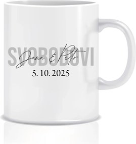 Personalizovaný klasický bílý keramický hrníček 300 ml se jmény novomanželů