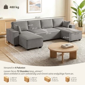 HOMCOM rohová sedačka 311 cm s dvojitou lenoškou, U-tvar, manšestr, hluboká široká sedadla, sedáky s kapsovými pružinami, široké opěrky, 4místná, svě…
