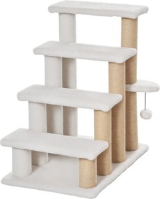 PawHut Kočičí schody 4-krokové se škrabadlem a míčkem pro psy, schody pro kočky do 5 kg, plyš a juta, bílá 60 x 40 x 64 cm | Aosom