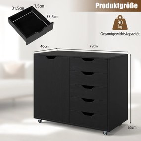 Costway Pojízdný kontejner s 5 zásuvkami a dvířky a pracovní deskou a – černý