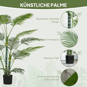 HOMCOM Umělá palma se 16 plastovými listy, UV odolná umělá rostlina s plastovým květináčem, pro vnitřní i venkovní použití, Zelená