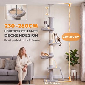 PawHut Škrabadlo do stropu 230–260 cm výškově nastavitelné Kočičí strom s 5 patry 3 silné sisalové škrabadla, sisalová škrabadlová deska
