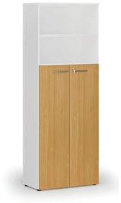Kombinovaná kancelářská skříň PRIMO WHITE, dveře na 4 patra, 2128 x 800 x 420 mm, bílá/buk