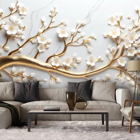 Gario Fototapeta Bílé květiny na zlaté větvi Materiál: Vliesová, Rozměry: 200 x 140 cm