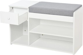 HOMCOM botník s polstrováním, šuplíkem a 3 otevřenými přihrádkami, dřevěný nábytek do chodby 81x31,5x49cm, bílý