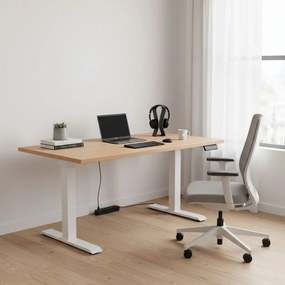 Výškově nastavitelný stůl OfficeTech C, 140 x 80 cm, bílá podnož, buk