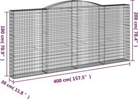 Klenutý gabionový koš 400 x 30 x 180/200 cm pozinkované železo 153529