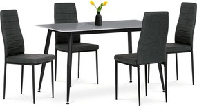 Jídelní set 1+4, stůl 130x70, deska slinutý kámen v imitaci šedého matného mramoru, židle zelená látka, černý lak