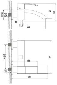 Sapho, GINKO nástěnná vanová baterie, černá matná, 1101-10B
