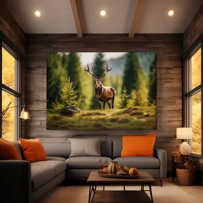 Obraz na plátně - Majestátní jelen mezi malými smrčky FeelHappy.cz Velikost obrazu: 60 x 40 cm