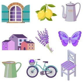 Ilustrace set of color flat vector icons for Provence travel, kukurikov