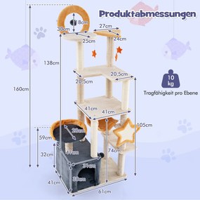 Costway 160 cm Škrabadlo se sisalovým Škrabadlem a prknem a domečkem