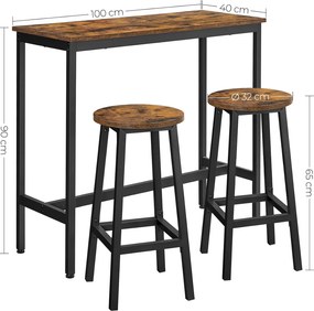 Jídelní stůl set, barový stůl a barové židle, 100x40cm, rustikální hnědý a černý