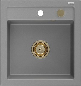Mexen Vito, granitový dřez 520x490x210 mm, 1-komorový, šedá se zlatým sifonem, 6503521000-71-G