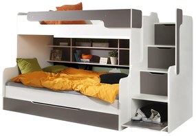 Dětská patrová postel s rozšířeným spodním lůžkem a šuplíkem HARRY bílo-šedá - 200x90/120 cm