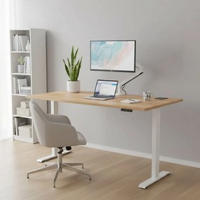 Výškově nastavitelný stůl OfficeTech A, 160 x 80 cm, bílá podnož, dub kraft