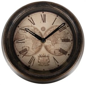 Hnědé nástěnné hodiny s mapou světa ve vintage stylu– 23x5 cm