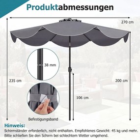 Costway Slunečník 270 cm s funkcí klikání a naklápění s 8 kovovými žebry, šedá