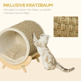 PawHut Kočičí Doupě Kočičí Postel s Policí Kočičí Domek s Škrabacím Padem Vnitřní Borové Dřevo Flanel Khaki+Přírodní Béžová 41 x 38 x 43 cm