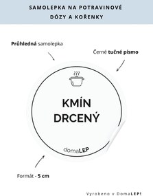 Samolepka na kořenky KMÍN DRCENÝ průhledná 5 cm tučné písmo