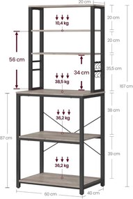 Kuchyňský regál 6 polic, rustikální dřevo/černá, 60×40×167cm