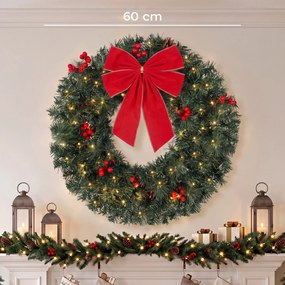 HOMCOM Vánoční věnec 60 cm, věnec na dveře s designem Crestwood borovice, mašle, 50 LED, 140 špiček větviček, 8 světelných režimů