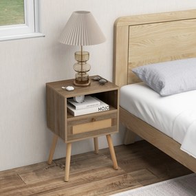 Costway Noční stolek s ratanovou dekorací, malý v boho stylu s přírodní zásuvkou