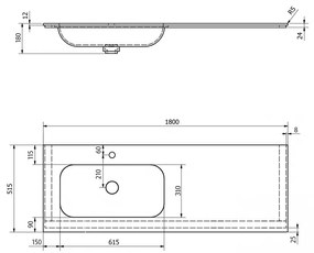 Sapho ARUBA umyvadlo, Rockstone, 180x51,5cm, levé, bílá mat AR180-B1L