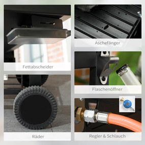 Outsunny plynový grilovací vozík 2+1 hořák s teploměrem 3kW BBQ gril na dřevěné uhlí s odkládací plochou Boční odkládací plocha Háček pro kempování Č…
