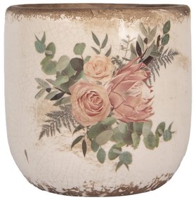 Béžový keramický květináč s květy Protea Eucalypt M - Ø 14*13 cm