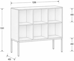 Regál FRAME, nízký, s bílou podnoží, 1299 x 450 x 1331 mm, ořech