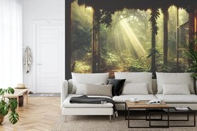 Fototapeta A Large Arch-Shaped Window, A Portal In The Dark Mystical Forest, The Sun&amp;#039;s Rays Pass Through The Window And Trees, Shadows. Fantasy Beautiful Forest Fantasy Landscape. 3D . Omyvatelný vlies 460x300