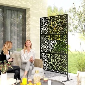 Outsunny dekorativní ochrana soukromí pro venkovní použití, zahradní clona 3 panely s květinovým vzorem, ocel 122 x 45 x 198 cm, černá