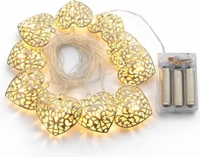 LED světýlka na baterie, 2,5 m, kovová srdce, vintage, teple bílá, 10 diod, čirý kabel, IP20, 2× AA