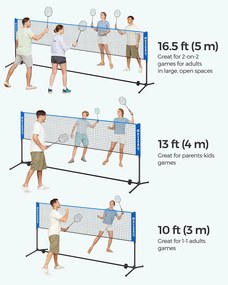 Badmintonová síť s přenosným stojanem, nastavitelná výška 5 x 1,5 m, modrá