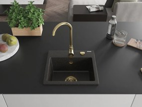 Mexen Milo, granitový dřez 435x410x171 mm, 1-komorový, černá-zlatá metalíza se zlatým sifonem, 6505441000-75-G