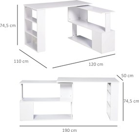 HOMCOM Rotující rohový stůl ve tvaru L se policemi pro kancelář nebo studijní prostor 120x110x74,5 cm Bílá