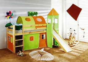 Dětská vyvýšená postel Domeček se skluzavkou přírodní, oranžovozelená 200x90 cm