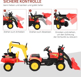 HOMCOM Šlapací traktor s přívěsem a čelním nakladačem, šlapací bagr pro děti od 3 let, červený, 179 x 42 x 59 cm, ideální pro zábavu a hry | Aosom.de