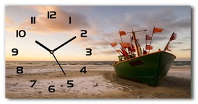 Wallmuralia Skleněné hodiny na stěnu Rybářská loď pláž 60x30 cm