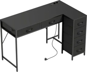 HOMCOM rohový stůl se 6 zásuvkami, bočním hákem a integrovanými zásuvkami, dřevo a ocel, 126x48x80 cm, černý