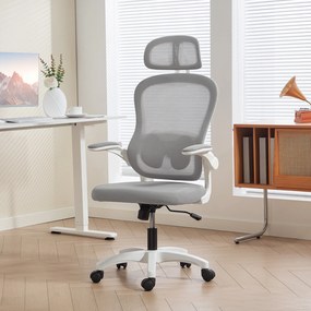 HOMCOM Ergonomická kancelářská židle s opěrkou zad z síťoviny, výškově nastavitelná, sklápěcí loketní opěrky, 5 koleček, houpací funkce, šedá