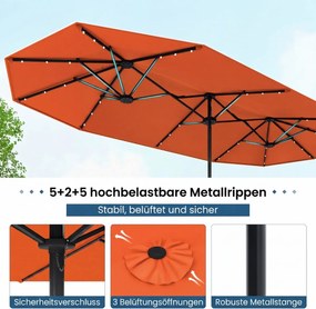 Costway Dvojitý slunečník se stojanem a LED světly a UPF 50+, pomerančový
