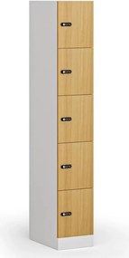 Šatní skříňka S1 s úložnými boxy, 5 boxů, 1850 x 300 x 500 mm, mechanický kódový zámek, laminované dveře, buk