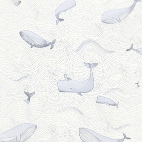 Šedo-bílá vliesová dětská tapeta s velrybami 220730, Doodleedo, BN Walls